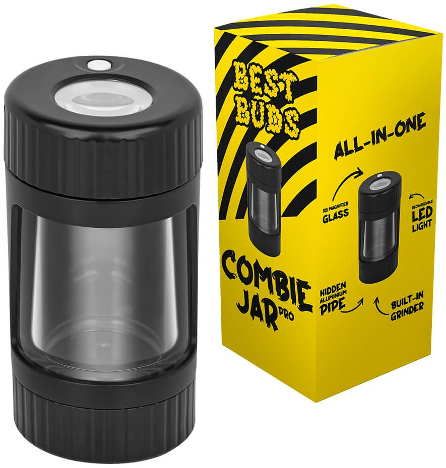 Best Buds Black Magnifier Glass with LED Light, Grinder and Aluminium Pipe