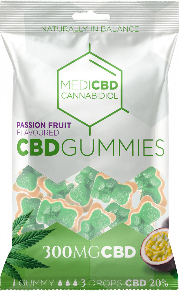 MediCBD Passion Fruit Flavoured CBD Gummy Bears (300 mg), 40 bags in carton, 4000 g