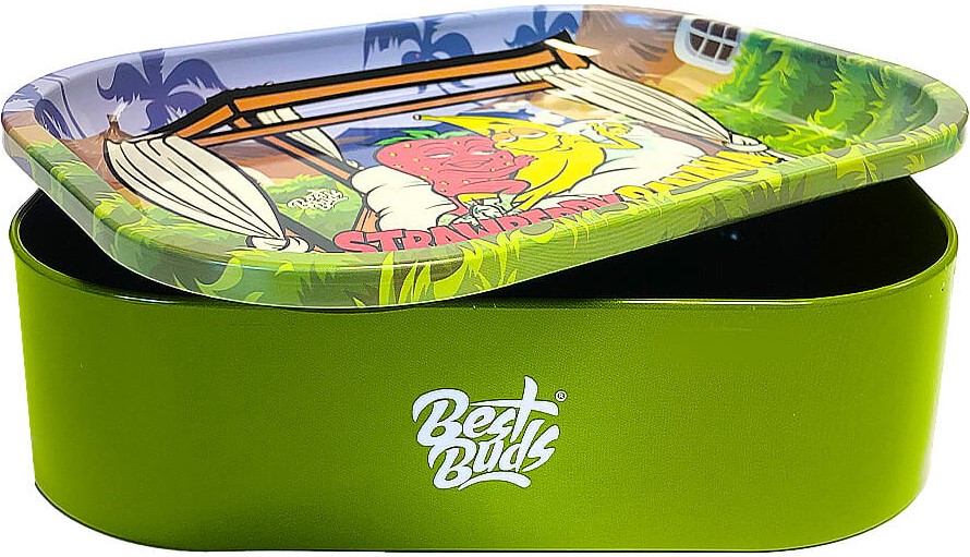 Best Buds Thin Box Rolling Tray with Storage, Strawberry Banana