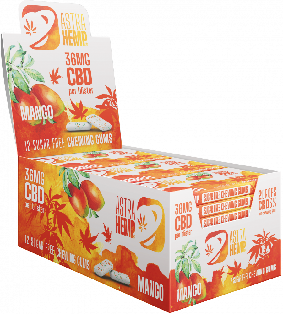 Astra Hemp Mango Chewing Gum (36 mg CBD), 24 boxes in display, 408 g