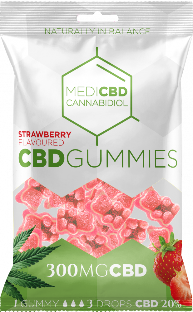 MediCBD Strawberry Flavoured CBD Gummy Bears (300 mg), 40 bags in carton, 4000 g