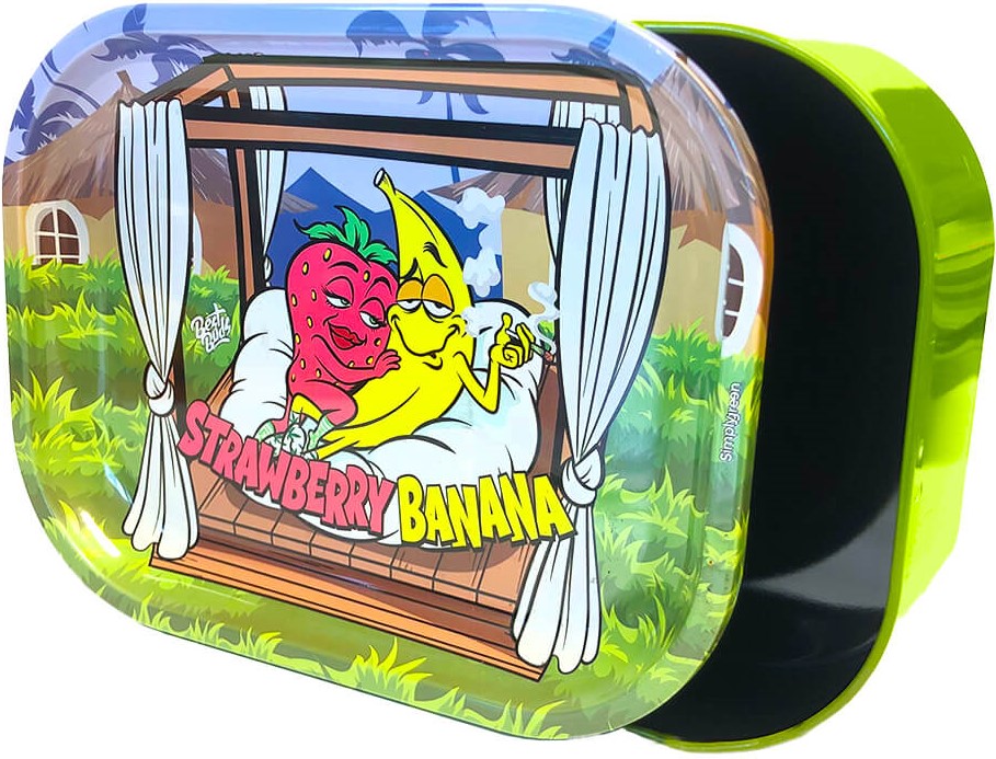 Best Buds Thin Box Rolling Tray with Storage, Strawberry Banana